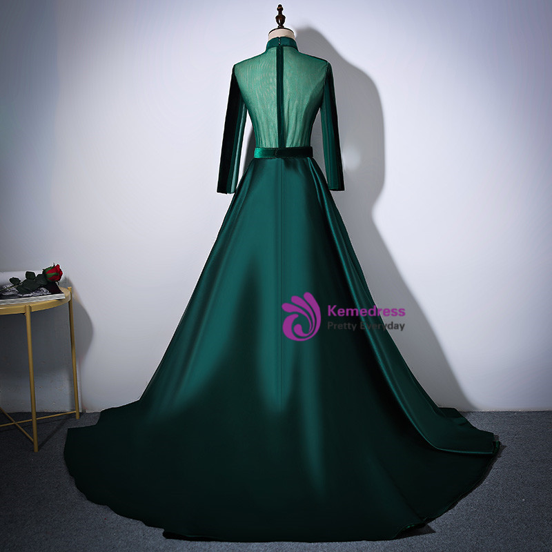 Burgundy Velvet Long Sleeve High Neck See Through Back Prom Dress