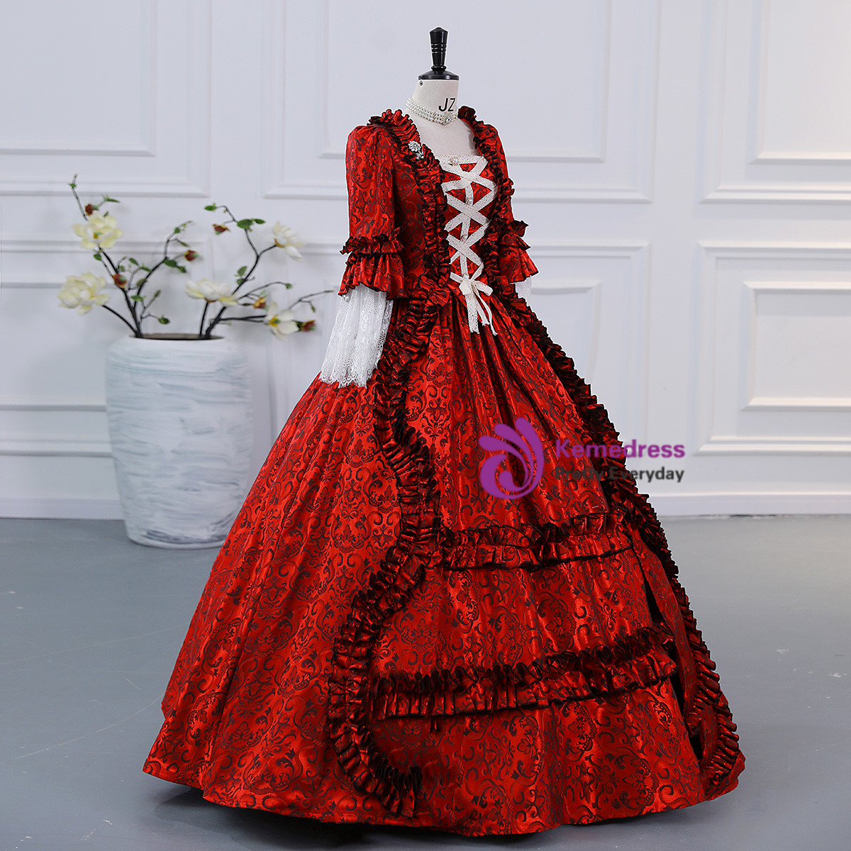 Burgundy Long Sleeve Pleats Rococo Baroque Victorian Dress
