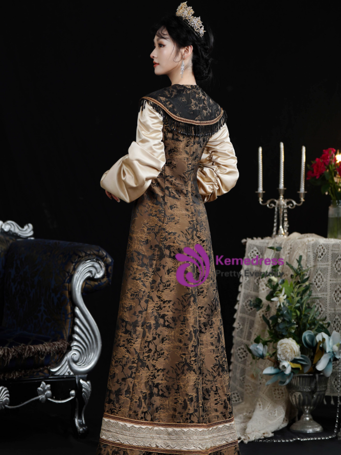Coffee Long Sleeve Baroque Victorian Vintage Gown Dress