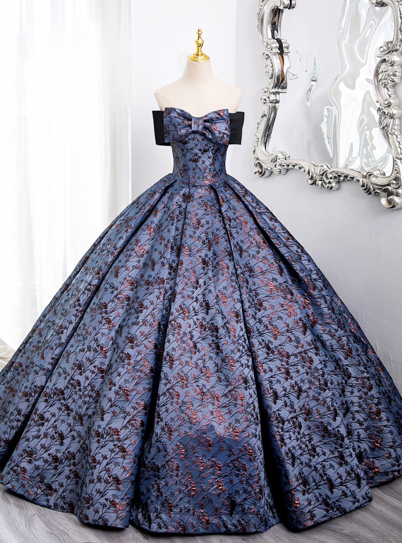 Navy Blue Print Off the Shoulder Crystal Quinceanera Dress