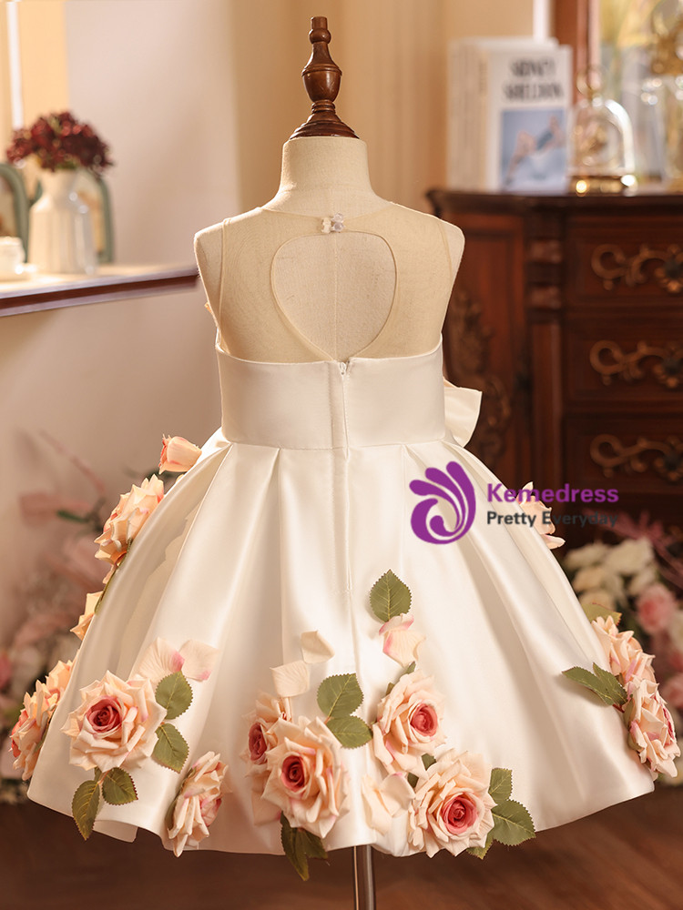 White Satin Rose Flower Short Girl Dress