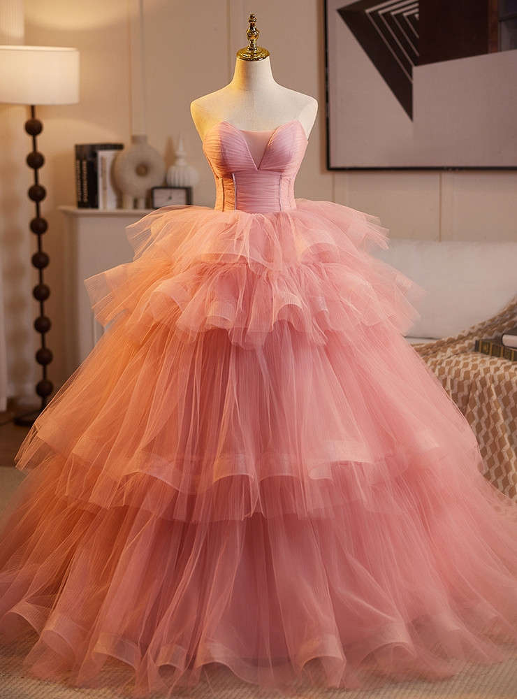 Pink Tulle Strapless Pleats Princess Quinceanera Dress