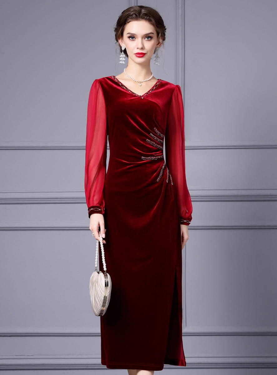 Burgundy Long Sleeve Pleats Mother Of The Bride Dress