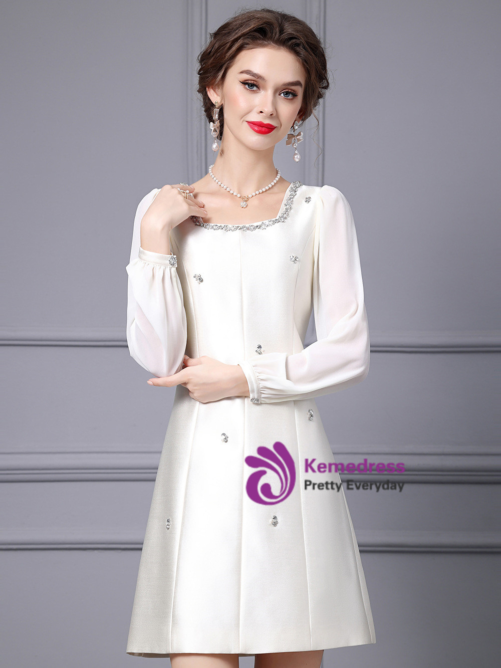 White Satin Long Sleeve Crystal Mother Of The Bride Dress
