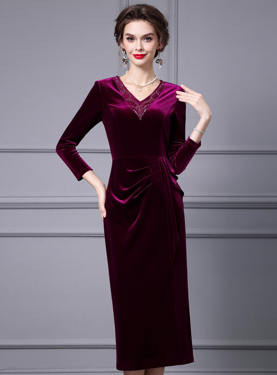 Burgundy Velvet Long Sleeve Crystal Mother of the Bride Dress