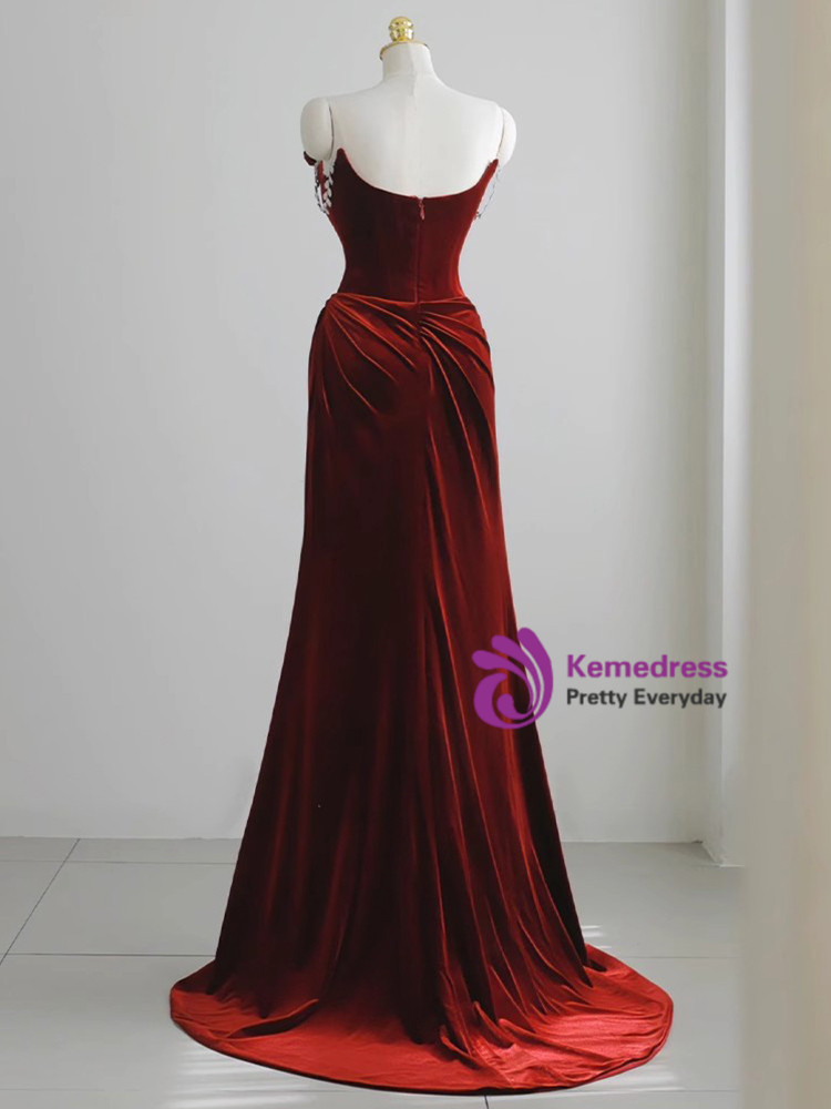 Burgundy Velvet Strapless Rose Flower Prom Dress