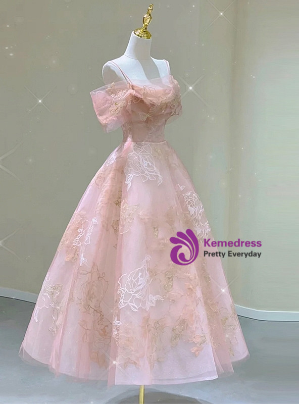 Pink Tulle Lace Straps Ankle Length Prom Dress