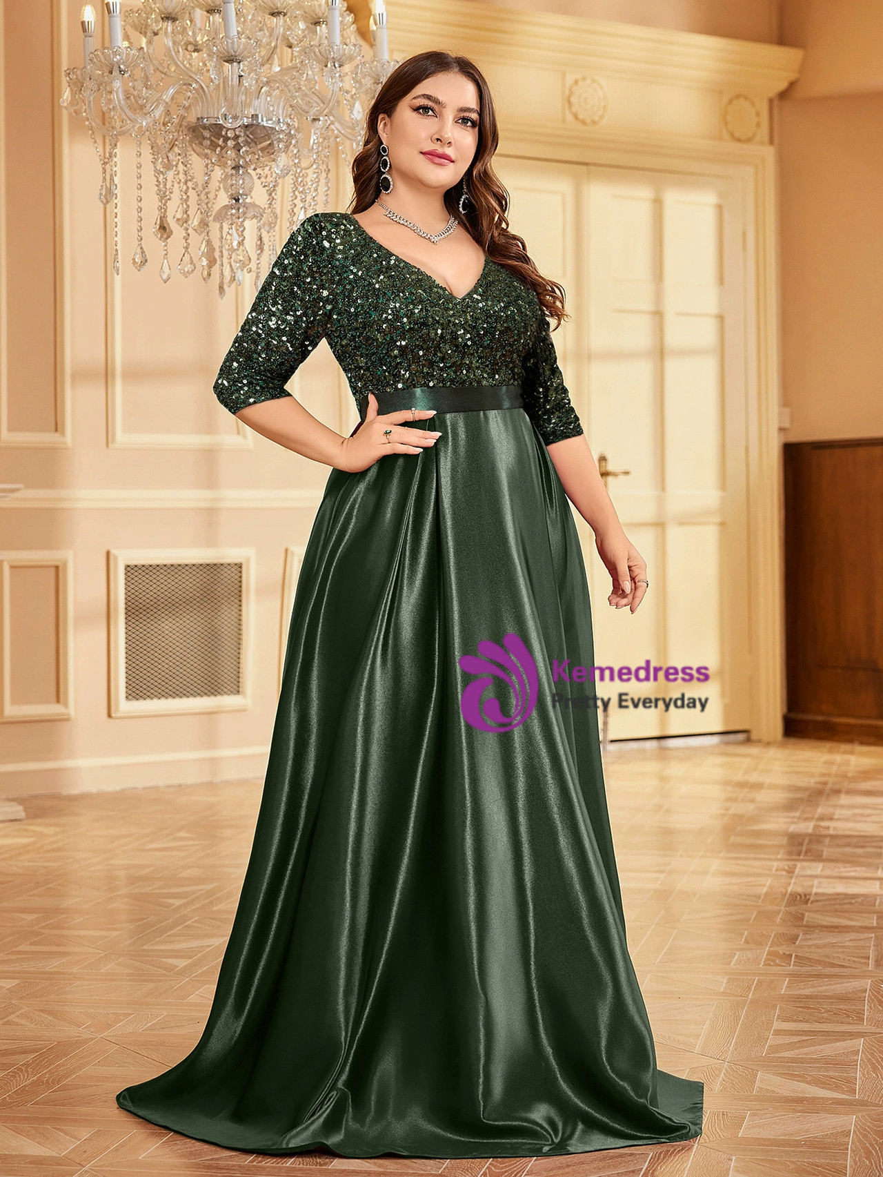 Plus Size Green Satin Sequins Short Sleeve Prom Dress