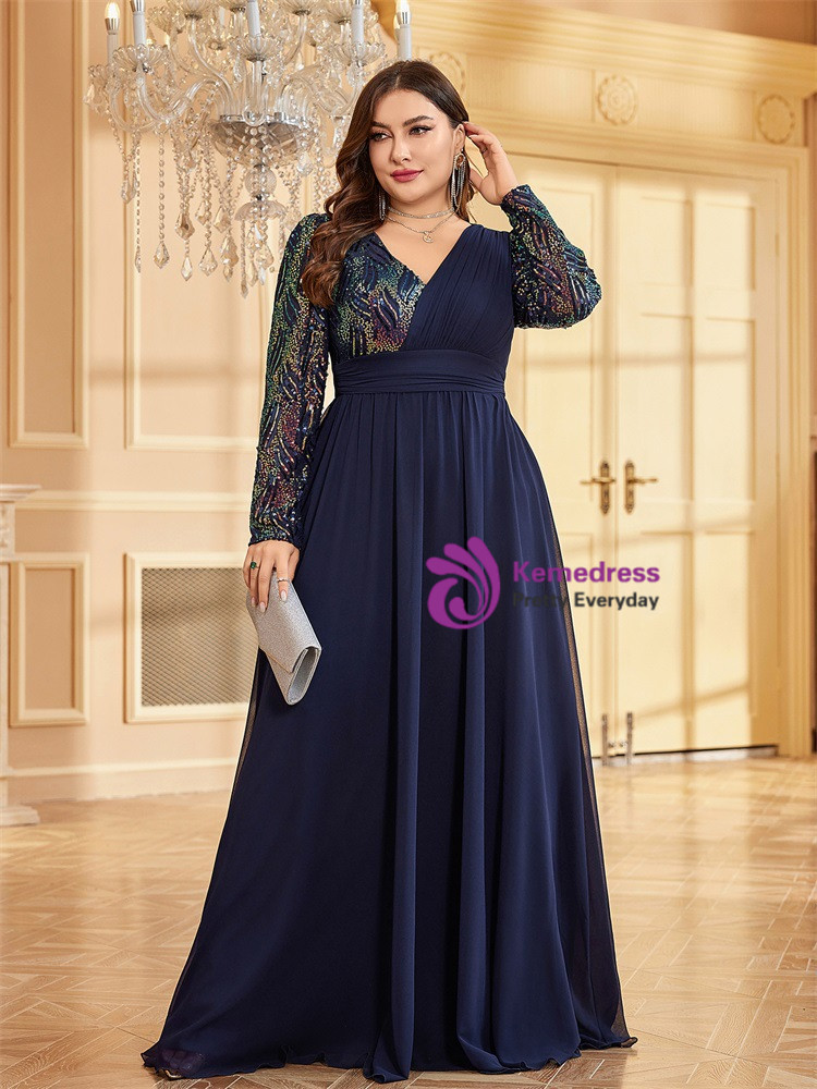 Plus Size Navy Blue Chiffon Long Sleeve Prom Dress