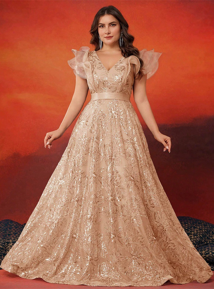 Plus Size Gold Sequins V-neck Prom Dress
