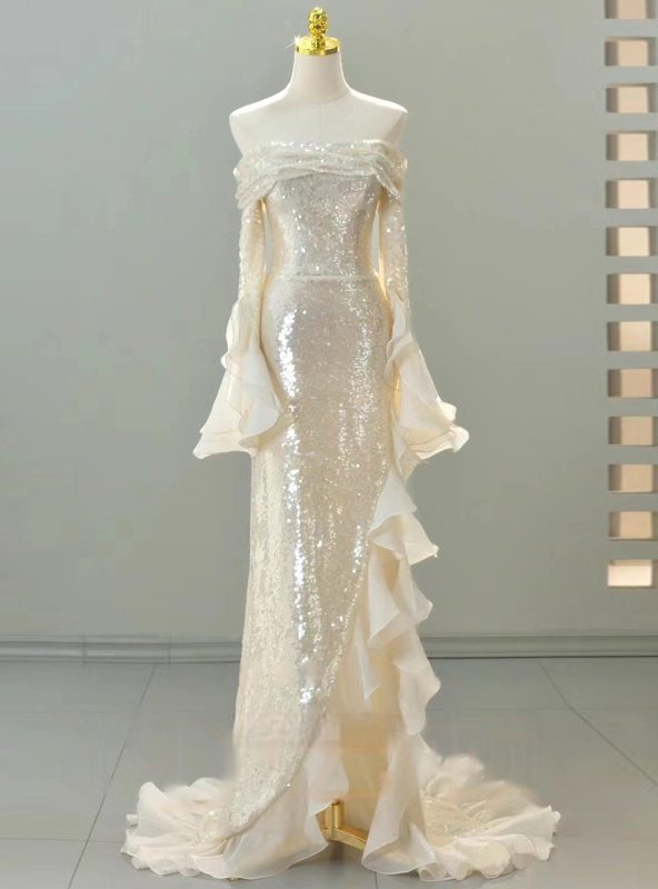 Gold Mermaid Sequins Long Sleeve Prom Dress
