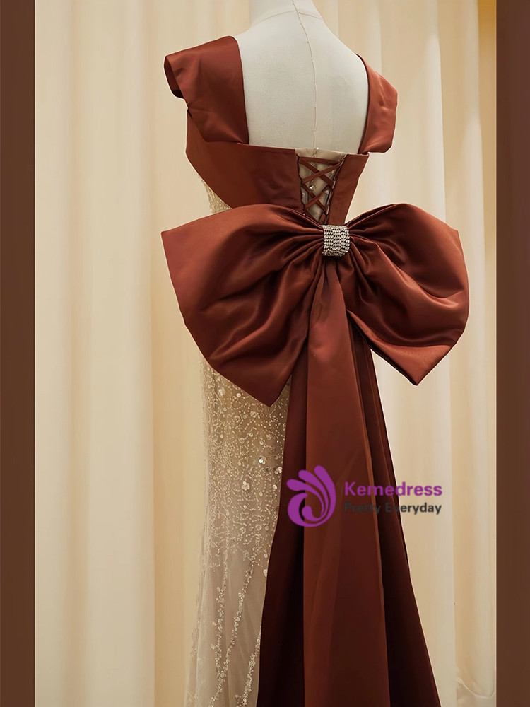 Champagne Sequins Caramel Satin Prom Dress