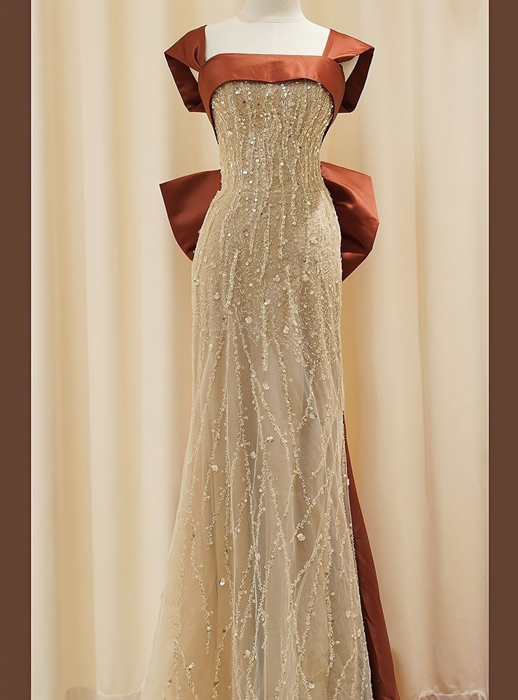 Champagne Sequins Caramel Satin Prom Dress