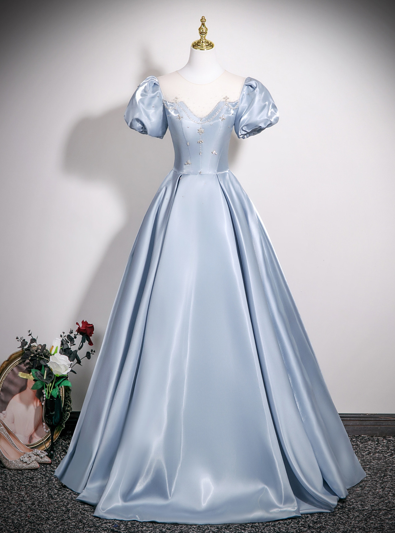 Blue Satin Puff Sleeve Pearls Beading Prom Dress