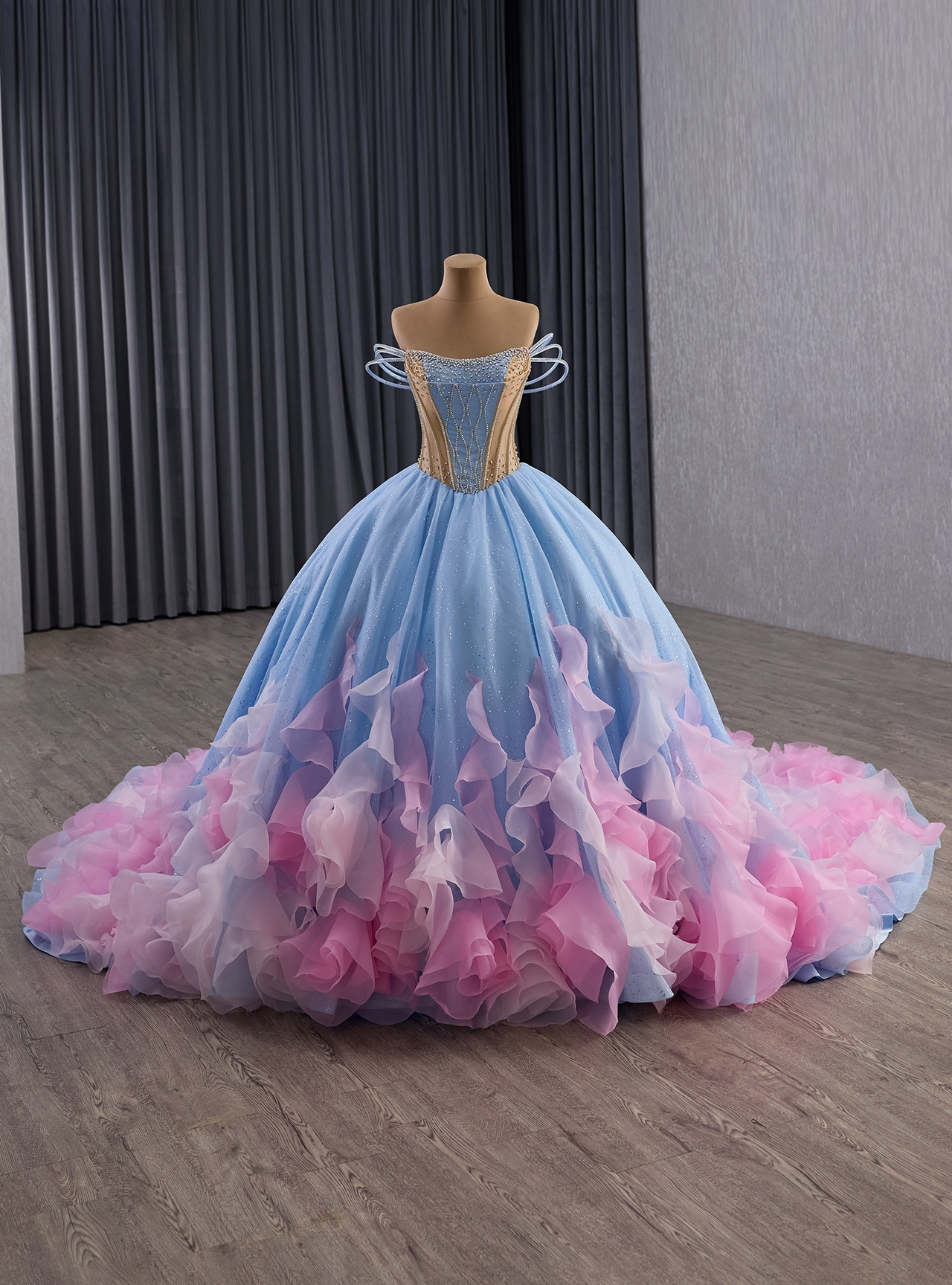 Sky Blue Tulle Sequins Strapless Beading Prom Dress