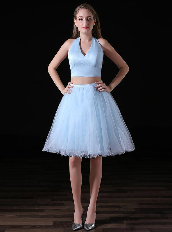 In Stock:Ship in 48 hours Blue Two Piece Backless Cocktail Dress