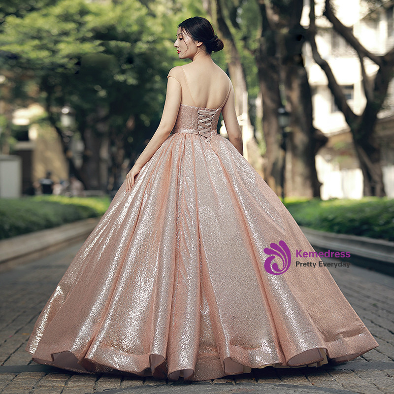Ball Gown Floor Length Gold Sequins Backless Wedding Dress
