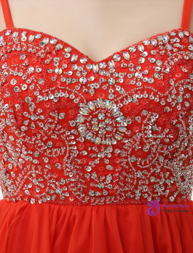 Red Spaghetti Straps Chiffon Mini With Beading Homecoming Dress