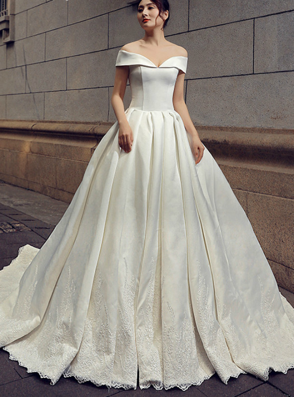 White Ball Gown Satin Lace Off the Shoulder Backless Wedding Dress