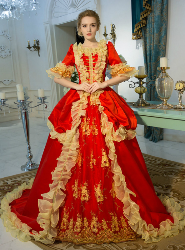 Red Ball Gown Satin Puff Sleeve With Bow Vintage Gown Dress