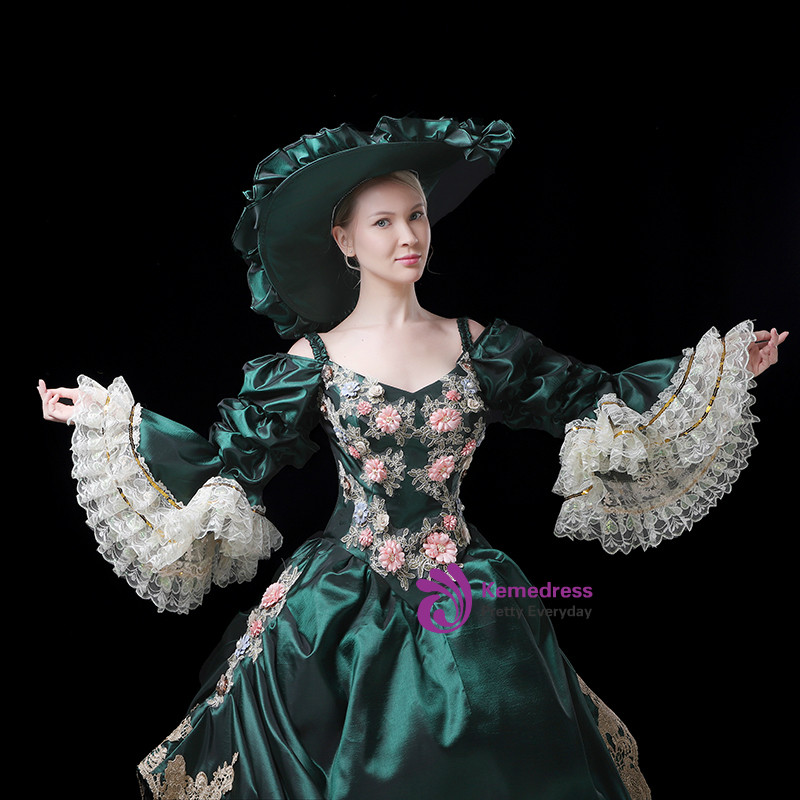Green Satin Flower Appliques Drama Show Vintage Gown Dress