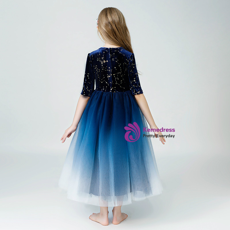 Navy Blue Tulle Half Sleeve Girl Dress