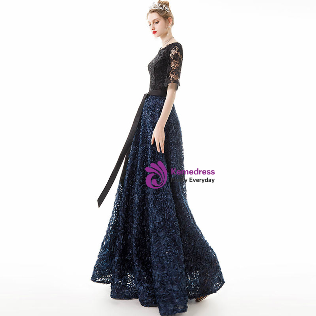 In Stock:Ship in 48 Hours Blue and Black Lace Short Sleeve Prom Dress