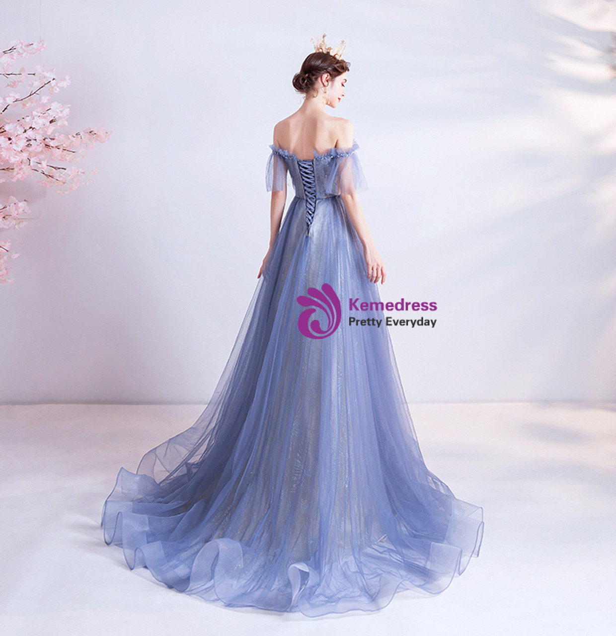 In Stock:Ship in 48 Hours Blue Off the Shoulder Beading Prom Dress