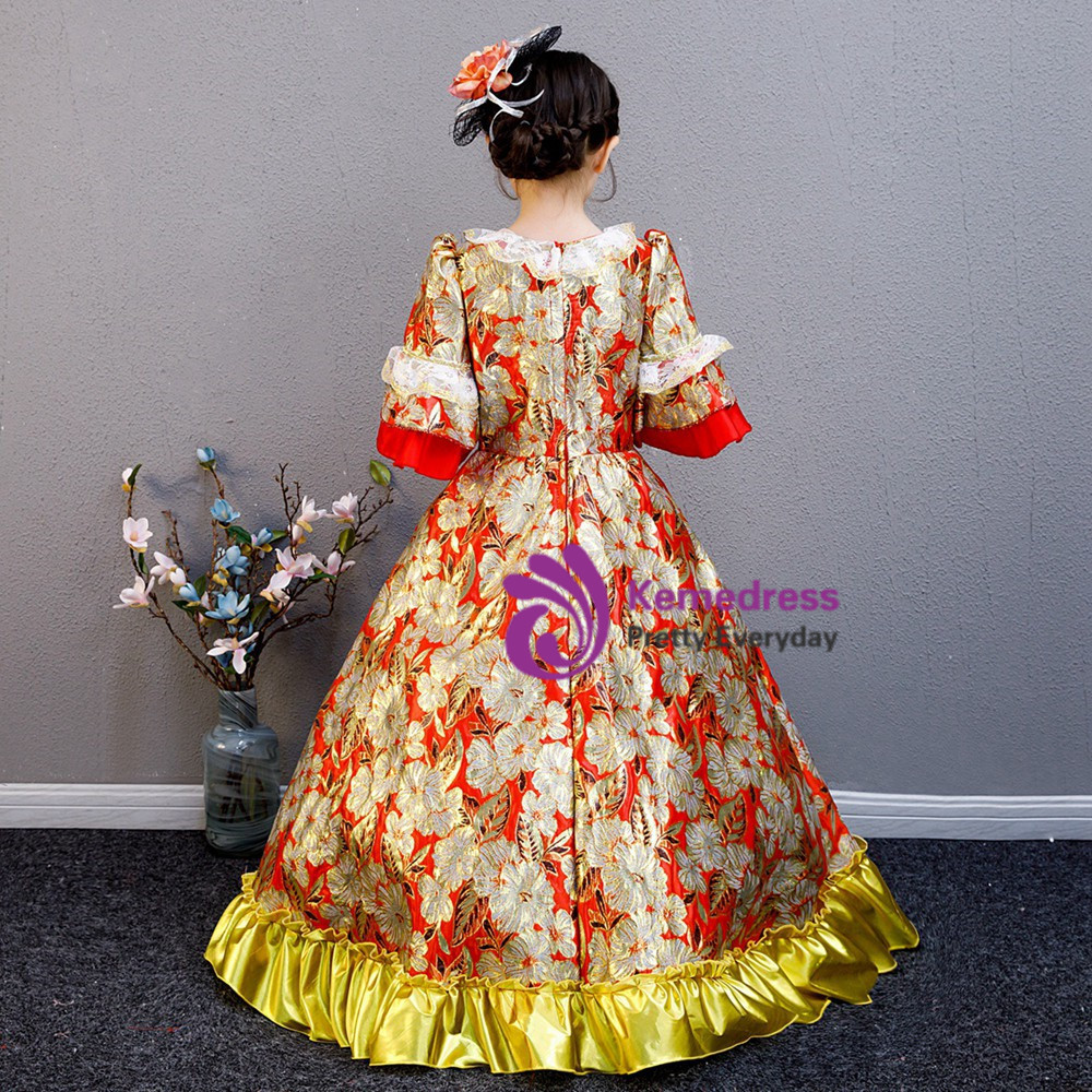 Red Ball Gown Short Sleeve Lace Rococo Baroque Vintage Dress
