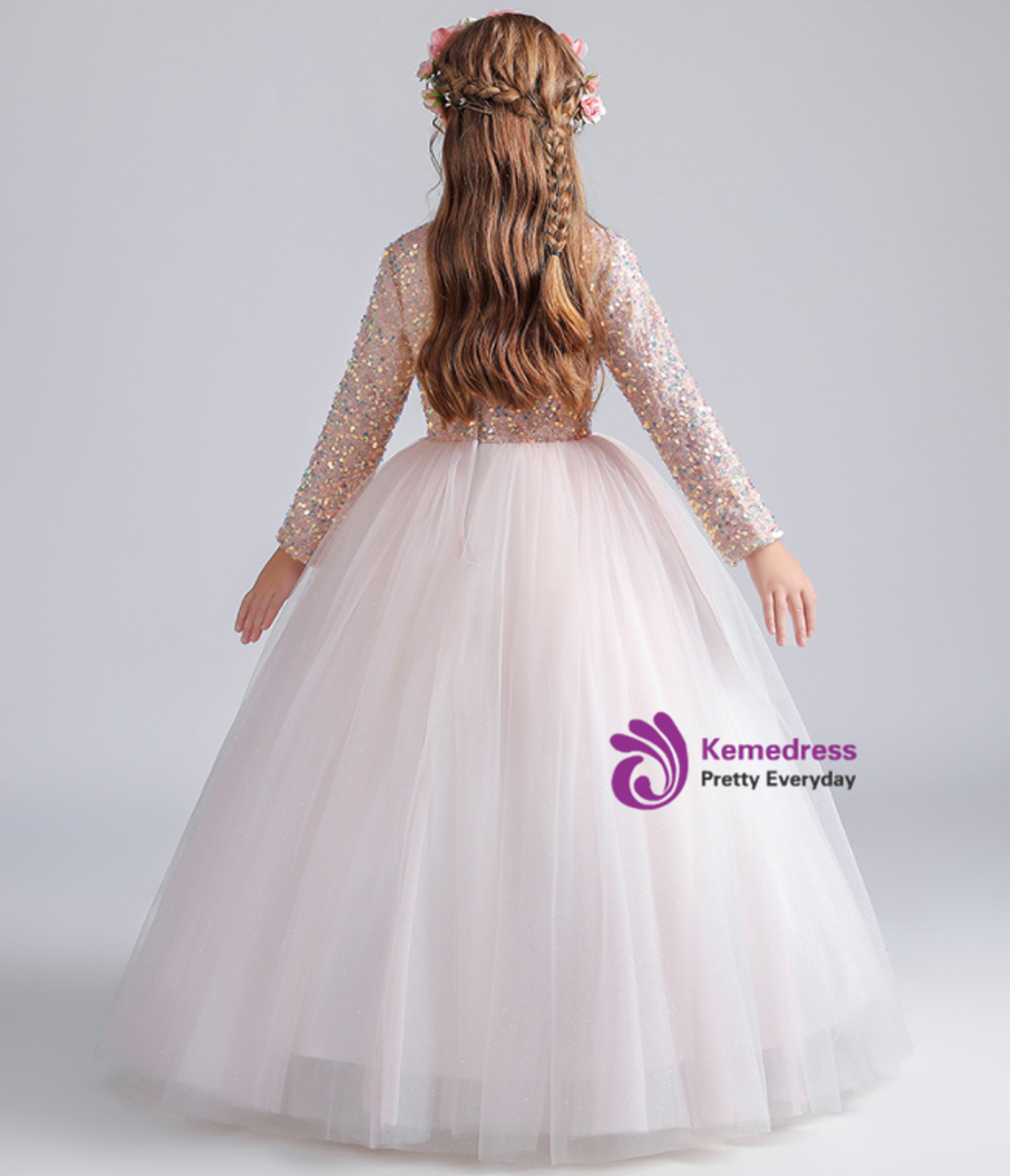 Pink Sequins Tulle Long Flower Girl Dress