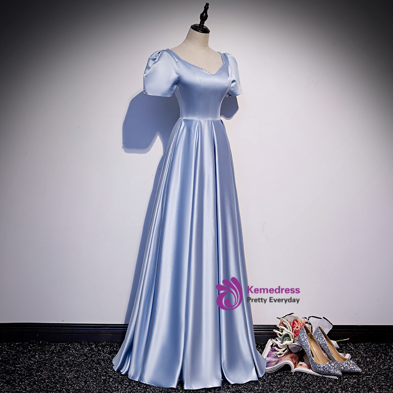 Blue Satin Puff Sleeve Pearls Beading Prom Dress