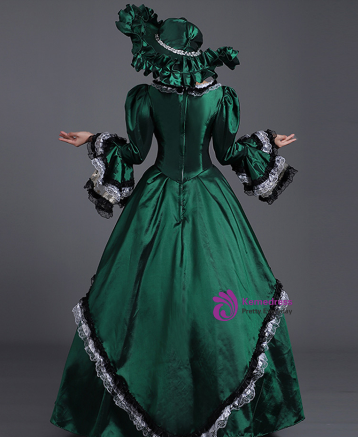 Green Satin Lace Long Sleeve Bow Rococo Baroque Dress
