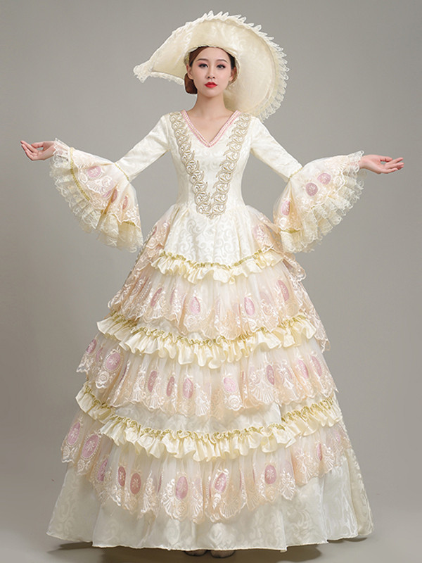 Light Yellow Lace V-neck Long Sleeve Rococo Baroque Dress