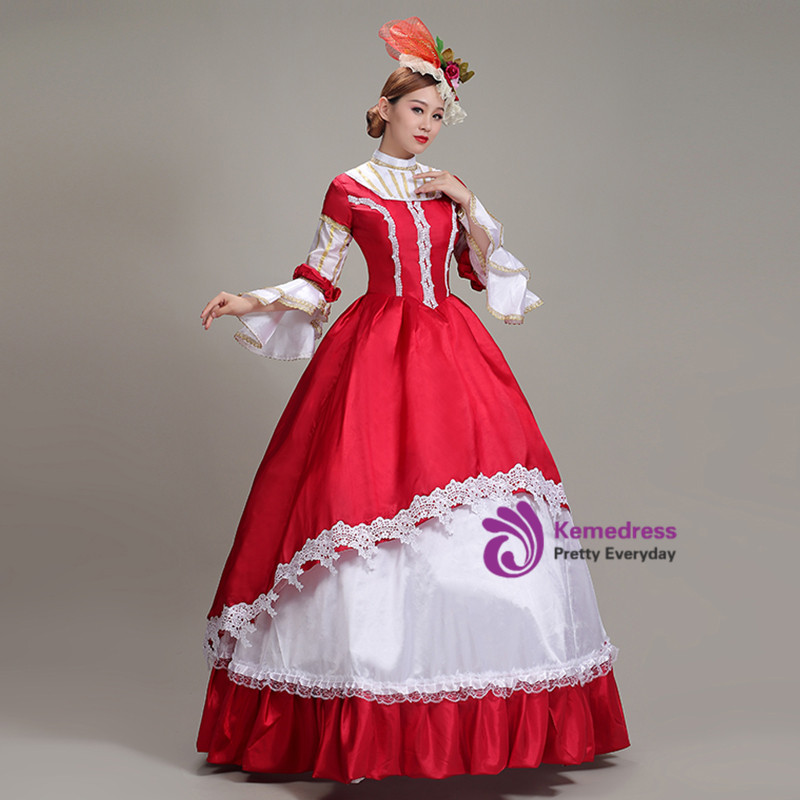 Red White Satin Lace Long Sleeve Rococo Baroque Dress