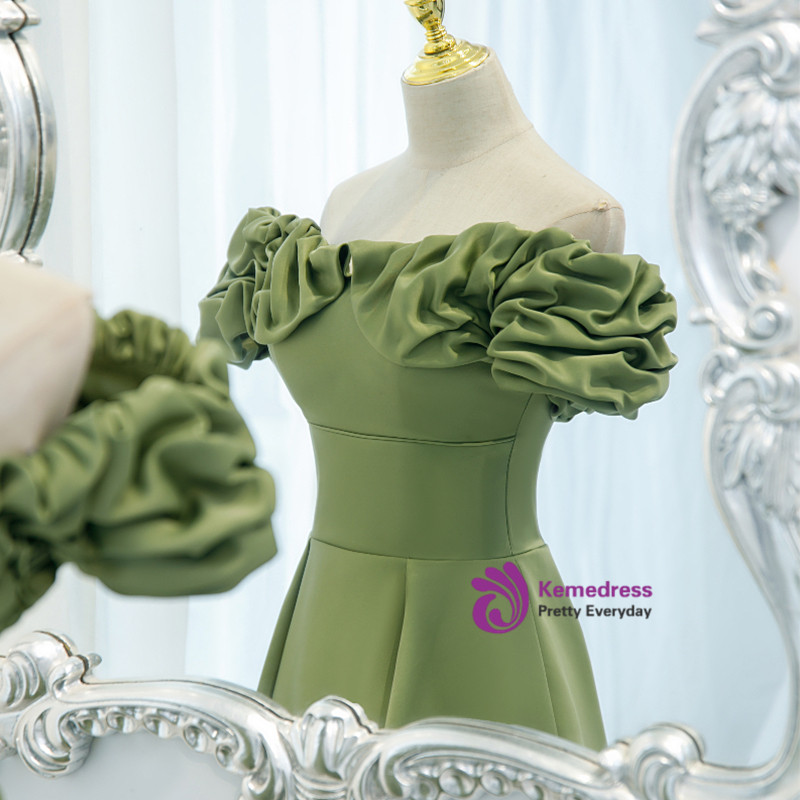 Avocado Green Satin Off the Shoulder Prom Dress
