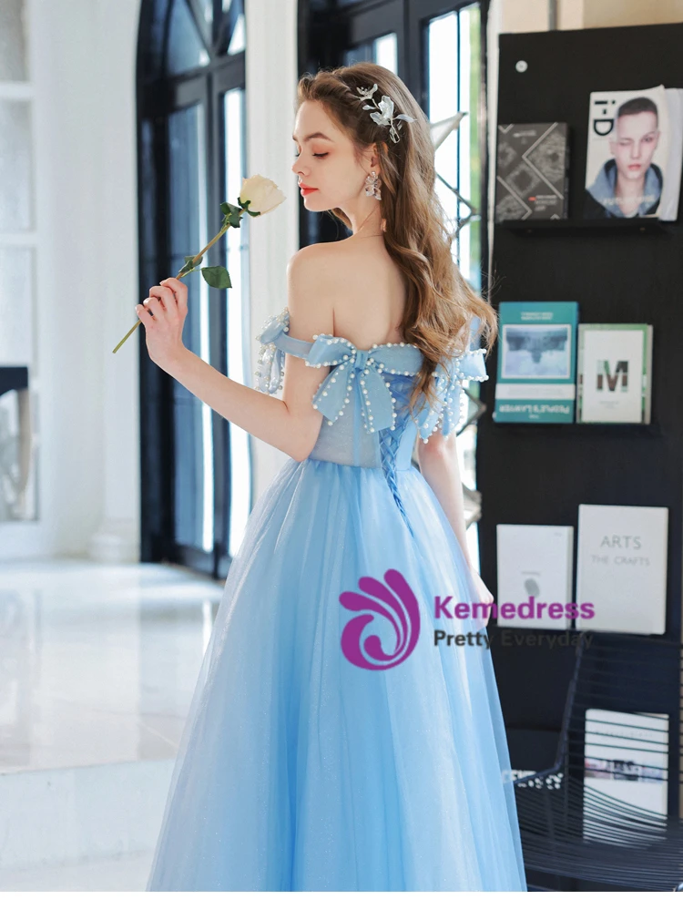 In Stock:Ship in 48 Hours Blue Tulle Pearls Prom Dress