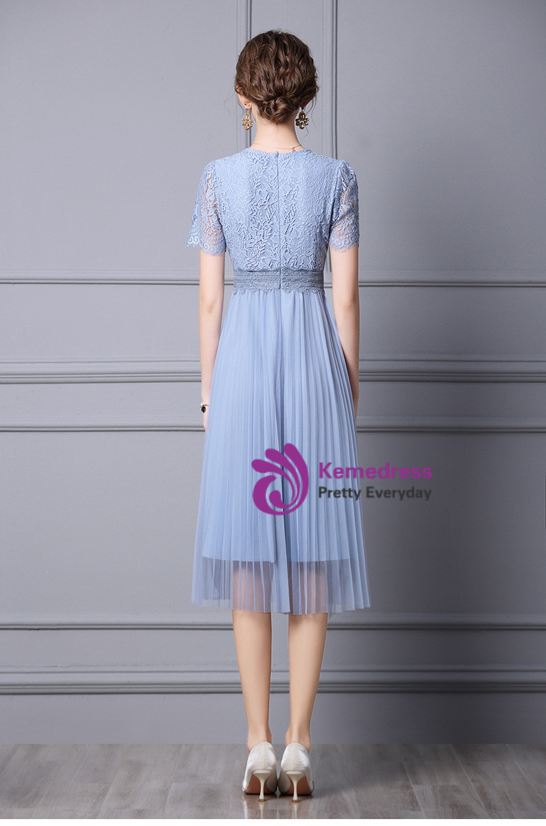 Light Blue Tulle Lace Short Sleeve Mother Of The Bride Dress