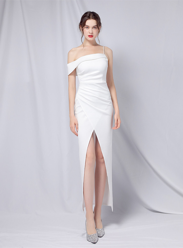 In Stock:Ship in 48 Hours White Pleats Split Party Dress