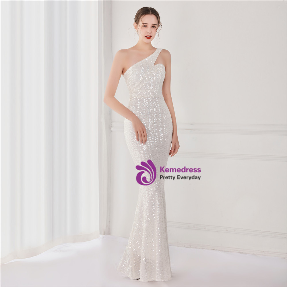 In Stock:Ship in 48 Hours Sexy White One Shoulder Sequins Party Dress