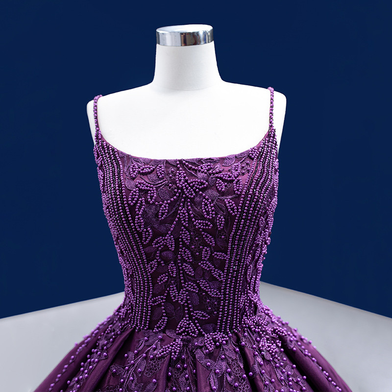 Purple Ball Gown Satin Appliques Pearls Prom Dress