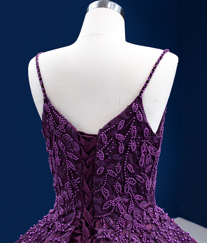 Purple Ball Gown Satin Appliques Pearls Prom Dress
