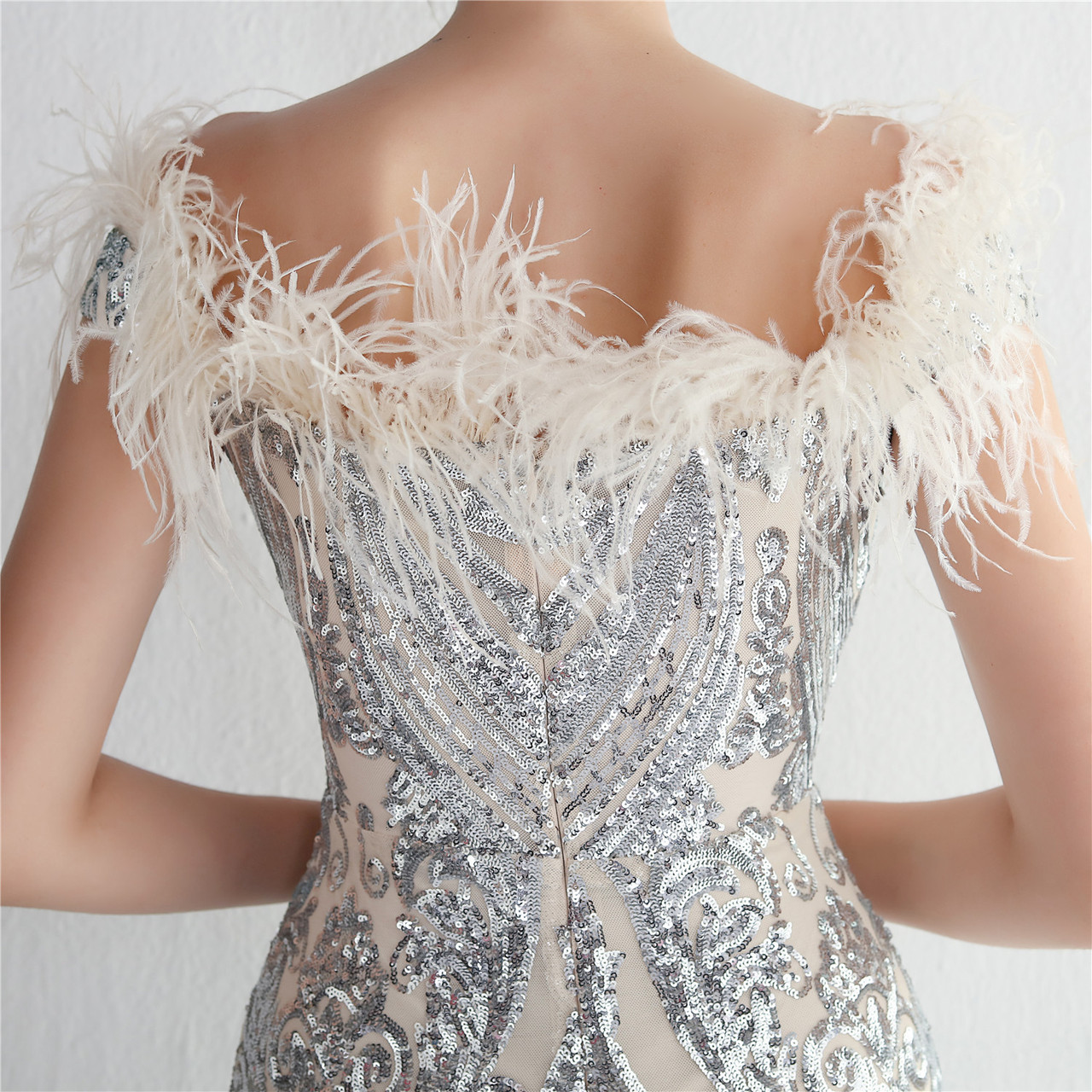 In Stock:Ship in 48 Hours Silver Sequins Off the Shoulder Feather Prom ...