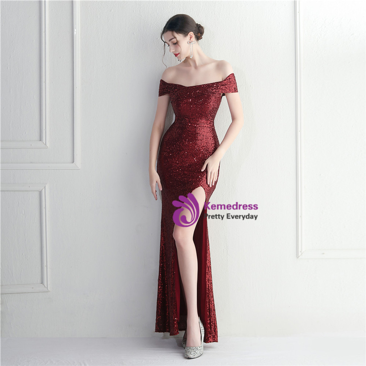 In Stockship In 48 Hours Burgundy Sequins Off The Shoulder Split Party