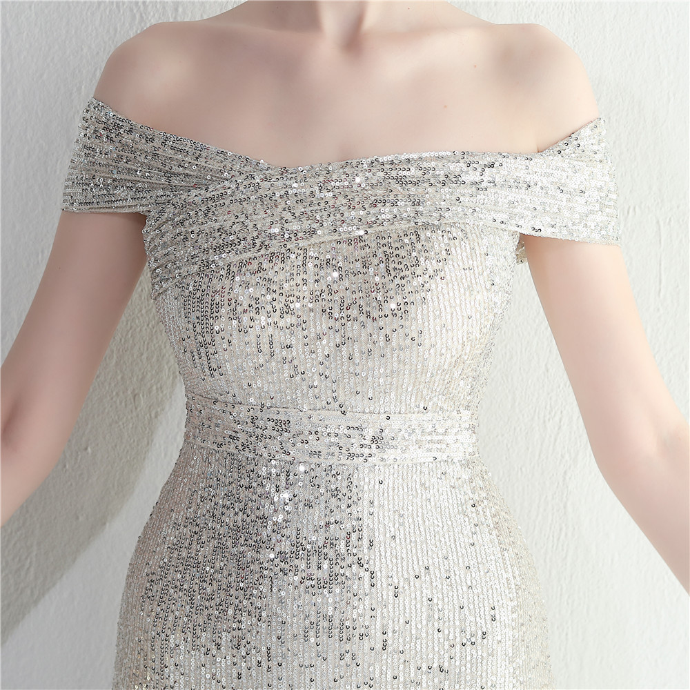 In Stock:Ship in 48 Hours Apricot Silver Sequins Off the Shoulder Split ...