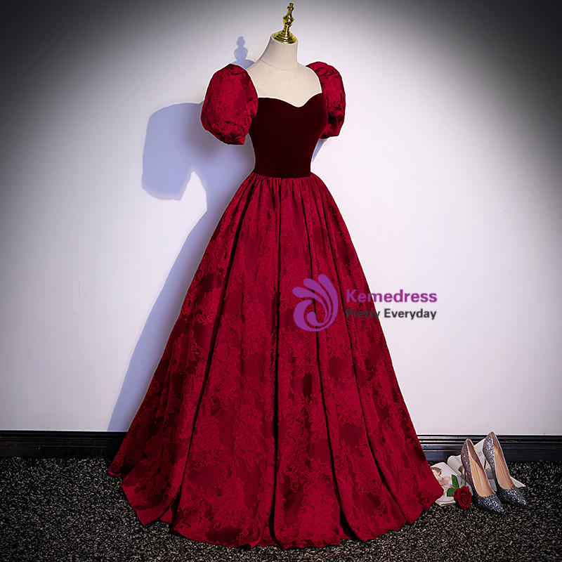 Burgundy Square Square Puff Sleeve Prom Dress