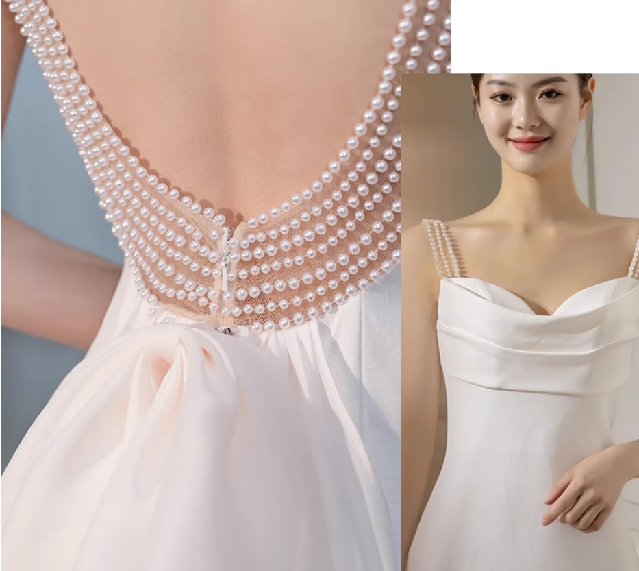 White Mermaid Straps Pearls Wedding Dress