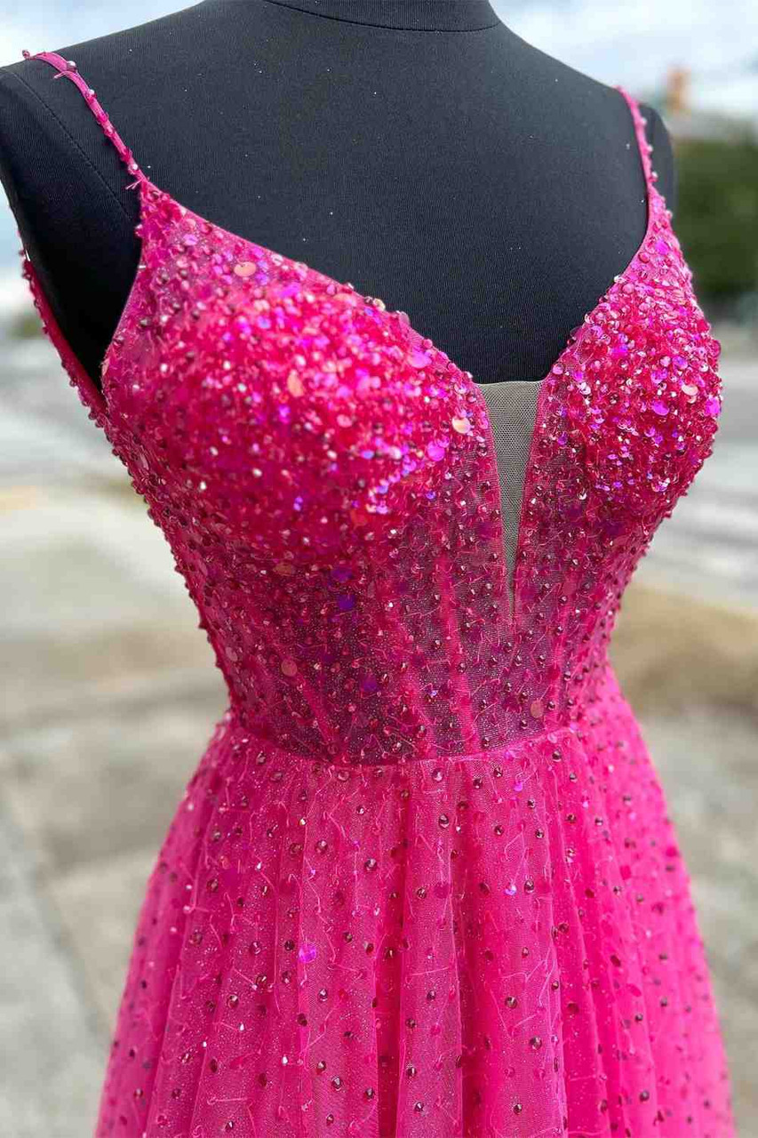 Fuchsia Tulle Spaghetti Straps Prom Dress