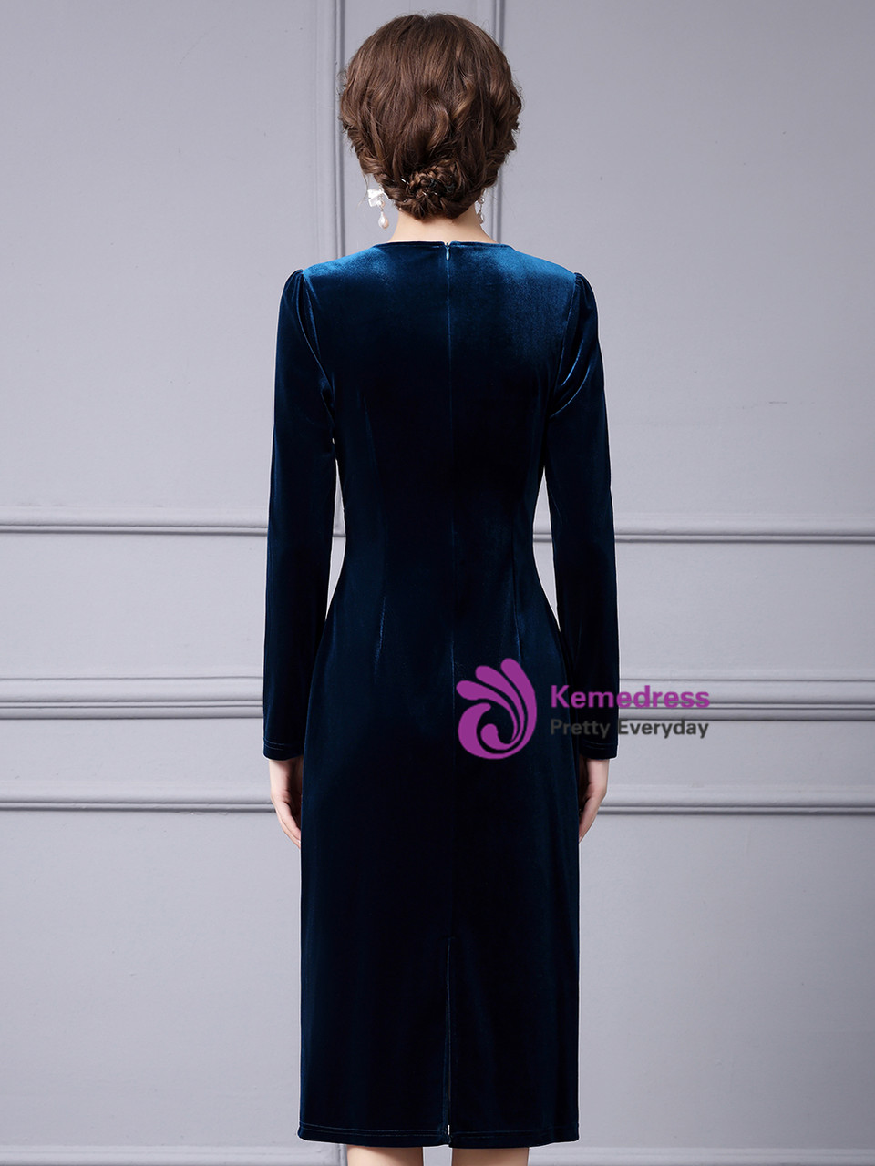 Blue Velvet Long Sleeve Mother Of The Bride Dress