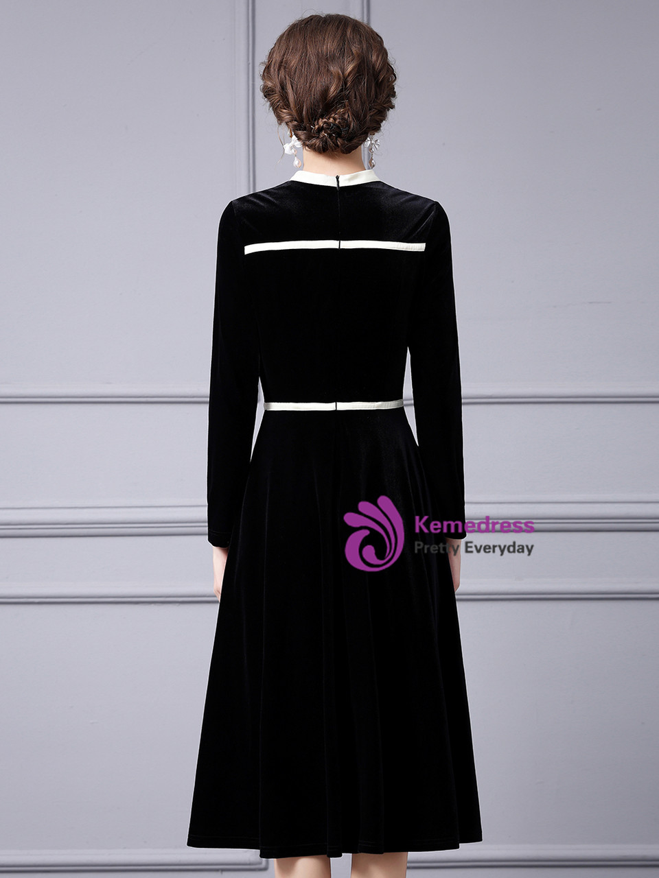 Black Velvet Long Sleeve Bow Mother Of The Bride Dress