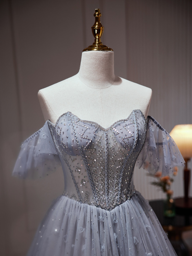 Gray Blue Tulle Strapless Beading Prom Dress